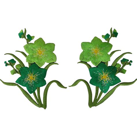 Pair Of Green Flower Patches Iron Sew On Flowers Embroidered Patch