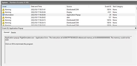 msfs application error memory could not be read 352 by