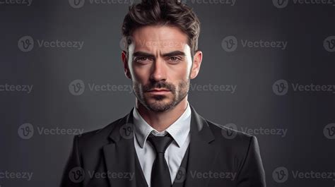 Ai Generated Bearded Man In A Black Suit White Shirt And Black Tie On