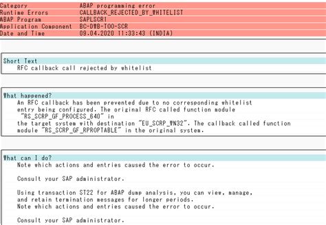 abap dump callback rejected by whitelist resolution into se51 screen