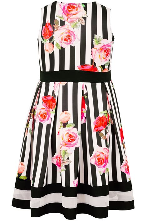 Black White And Multi Striped Floral Print Skater Dress Plus Size 16 To 36