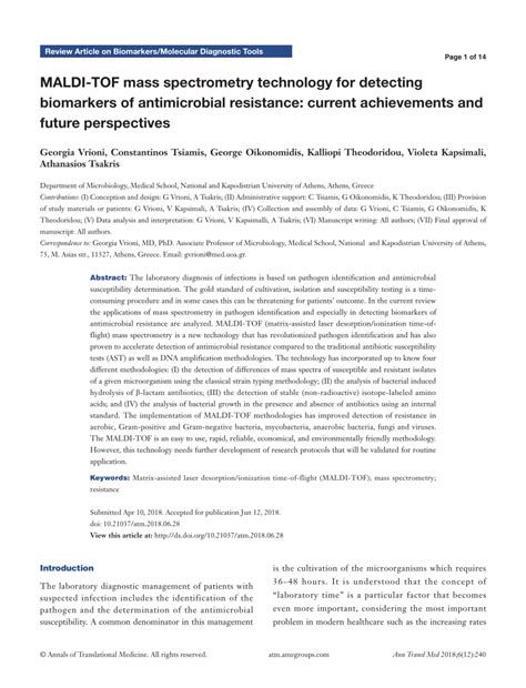 Pdf Maldi Tof Mass Spectrometry Technology For Detecting Biomarkers