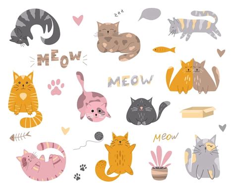 Conjunto De Gato Dibujado A Mano Vector Premium