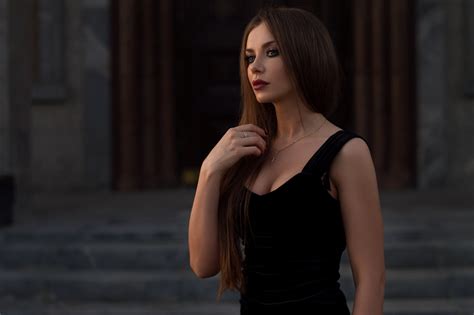 Wallpaper Brunette Women Outdoors Portrait Cleavage Black
