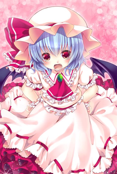 Safebooru Ascot Bat Wings Blue Hair Blush Fang Fangs Frills Gathers