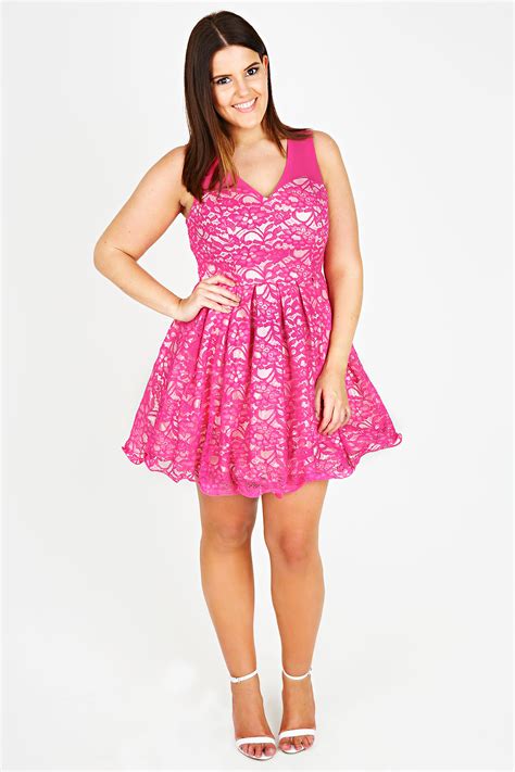 Pink And Ivory Floral Lace Sleeveless Skater Prom Dress Plus Size 14 16