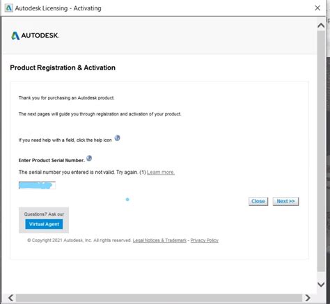 在 autodesk 软件激活期间显示“您输入的序列号无效。”