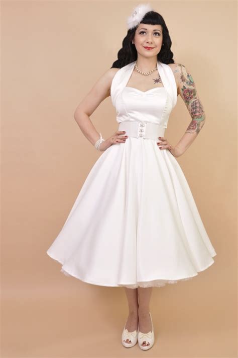 50s Retro Halter White Satin Swing Dress Bridesdress