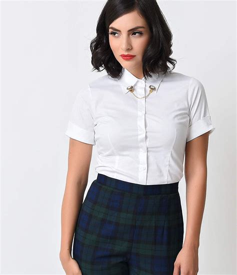 White Collared Short Sleeve Button Up Blouse Unique Vintage