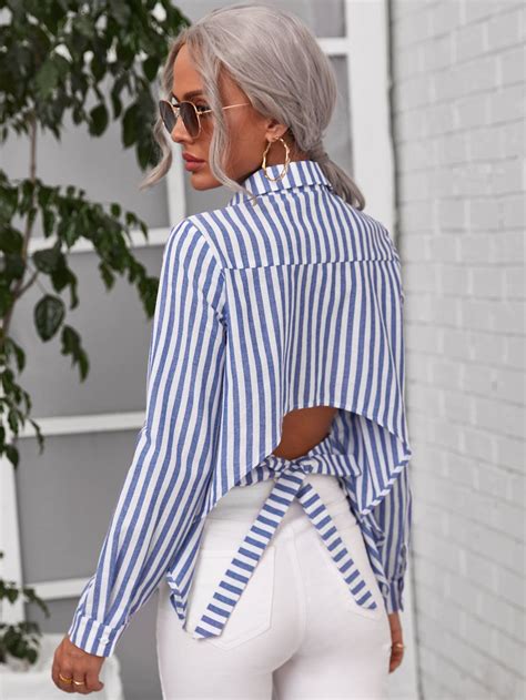 Shein Tied Back Striped Blouse Tops Women Blouses Striped Blouse