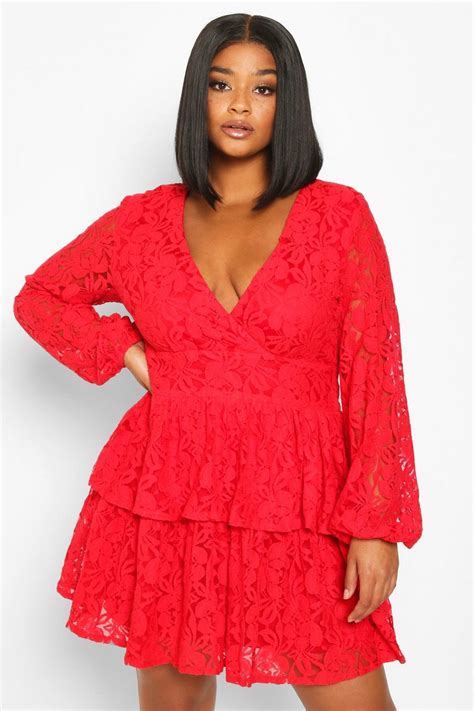 Womens Plus Lace Plunge Ruffle Skater Dress Boohoo Uk