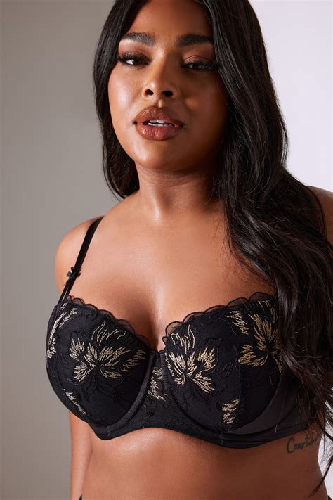 Yours Plus Size Black Lace Embroidered Padded Balcony Bra Yours Clothing