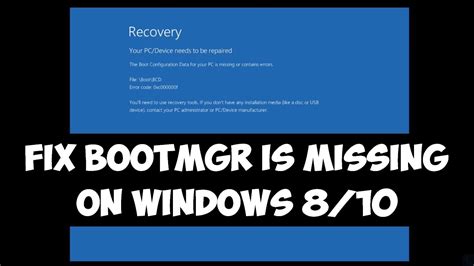 Fix Bootmgr Is Missing On Windows 8 10 Youtube
