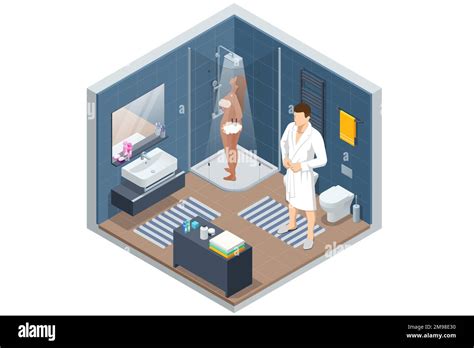 Isometric Modern Bathroom Interior With A White Toilet Mirror Sink