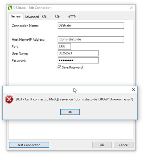 php cant connect to mysql server hosted by strato get error 10060
