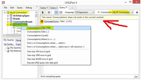 c why linqpad return the name modelname does not exist in the