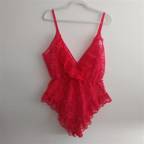 Red Sheer Lace Teddy With Plunging V Neckline Lace Depop