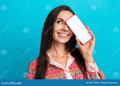 Photo Portrait Of Lovely Young Lady Hold Telephone Look Empty Space