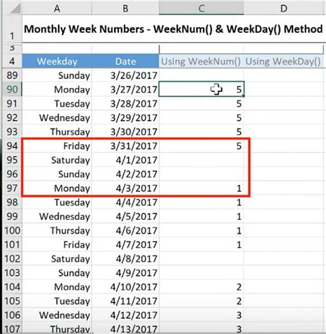 get week number in excel and reset for every month