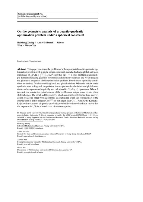 pdf on the geometric analysis of a quartic quadratic optimization