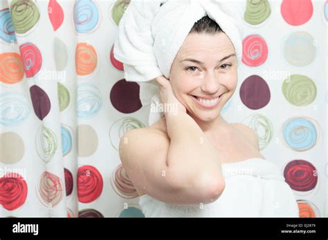 Shower Woman Happy Smiling Woman Washing Shoulder Showering In Stock
