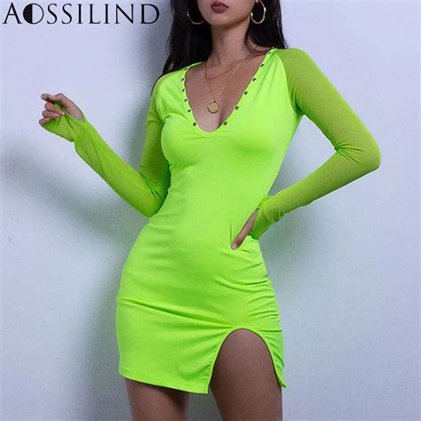 Aossilind Fluorescent Green Deep V Neck Sexy Dress Women Mesh Patchwork