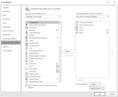 microsoft excel options customize quick access toolbar add