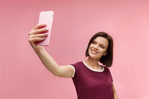 Funny Young Brunette Woman Making Selfie Smiling Girl Wearing T Shirt