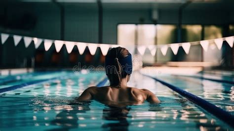 Woman In Swimming Cap Sports Swimming In The Pool Back View Generative