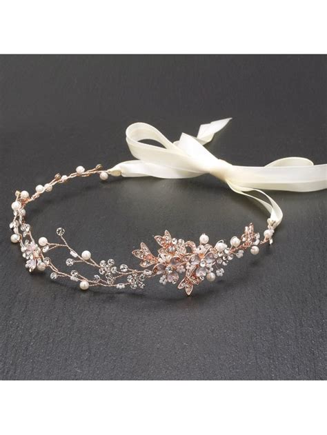 Rose Gold Freshwater Pearl And Crystal Bridal Ribbon Headband Hair Vine