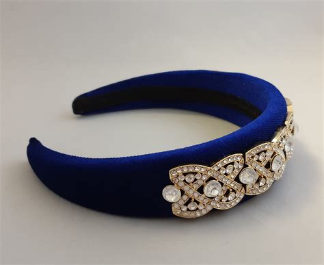 Royal Blue Padded Velvet Headband Gold Tone Crystal Diamante Etsy