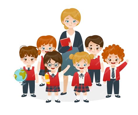 Écoliers En Uniforme Debout Avec Lenseignant élèves De Dessins Animés