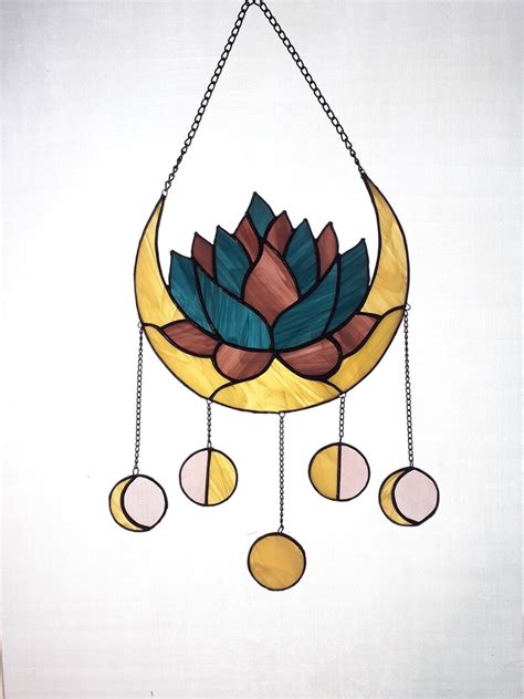 Crescent Moon Lotus Stained Glass Suncatcher Moon Phases Etsy