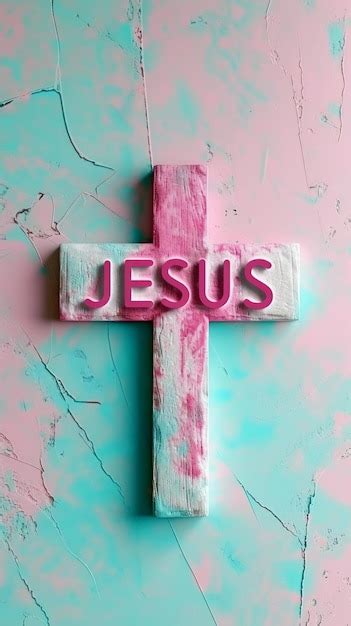 Colorful Cross With The Name Jesus In Pink Letters Against A Soft