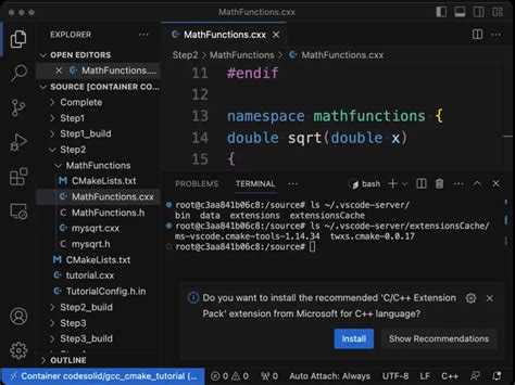 running the cmake tutorial in a vs code dev container