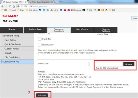 how to submit print job from web gui page sharp copier
