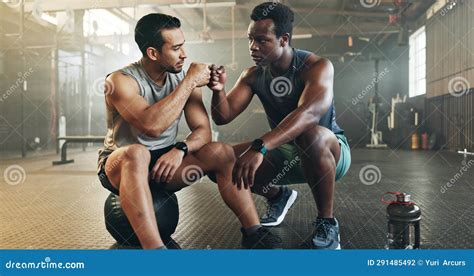 Fitness Men And Fist Bump In Gym With Confidence Workout Motivation