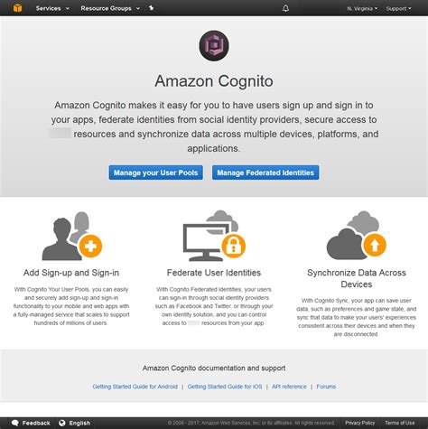 using the amazon cognito console amazon cognito