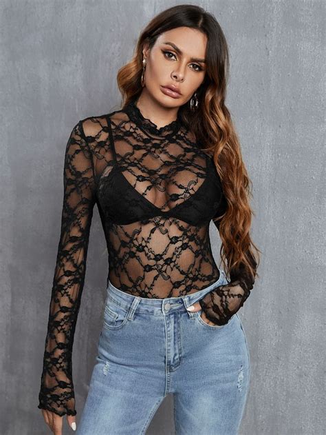 Shein Mock Neck Sheer Lace Top Without Bra Sheer Lace Top Women