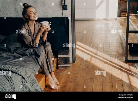 Starting New Beautiful Day Cute Pretty Woman With Cup Of Morning