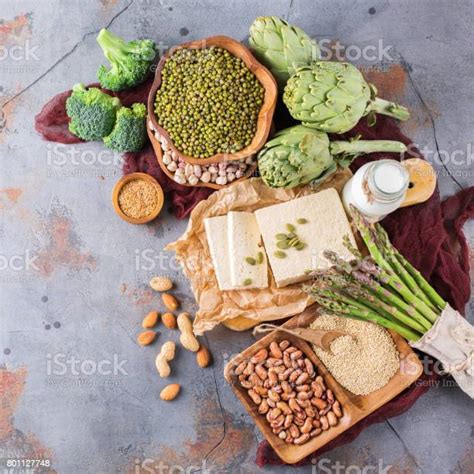 Assortment Of Healthy Vegan Protein Source And Body Building Food Stock