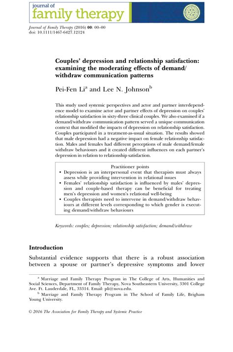 Pdf Couples Depression And Relationship Satisfaction Examining The