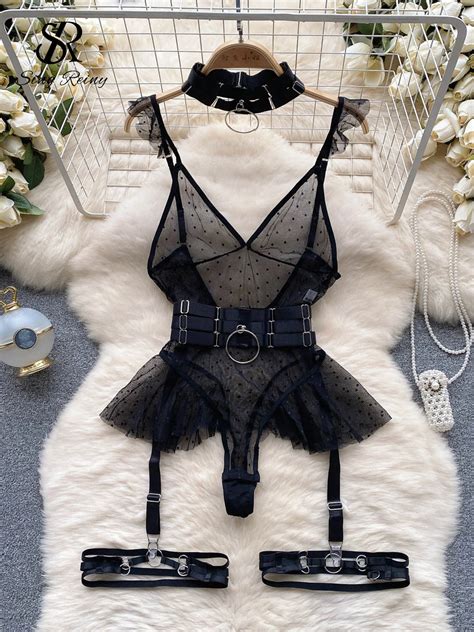 Singreiny Sheer Round Dot Sexy Bodysuits Women Halter Ruffles Belt Slim