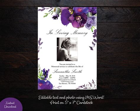 Violet Purple Florals Photo Funeral Announcement Celebration Etsy