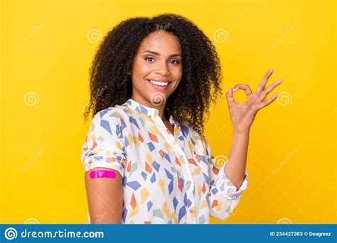 Photo Of Good Millennial Curly Hairdo Lady Show Okey Wear White Blouse