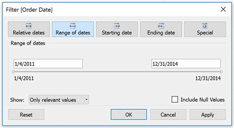 tableau range of dates filter by month and year