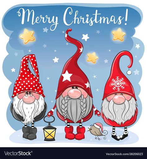 Three Cute Gnomes On A Blue Background Royalty Free Vector