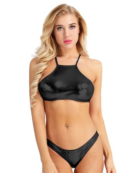 Dpois Womens 2 Piece Swimsuit Shiny Metallic Halter Neck Crop Tops Bra