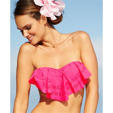 Jessica Simpson Ruffle Laser Cut Bandeau Bikini Top In Pink Lyst