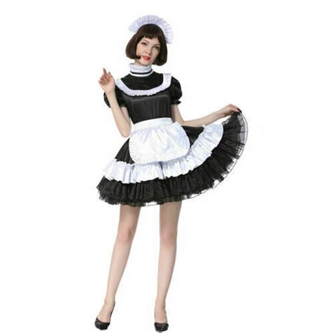 Sissy French Maid Lockable Black Satin Dress Costume Tailor Made Ebay